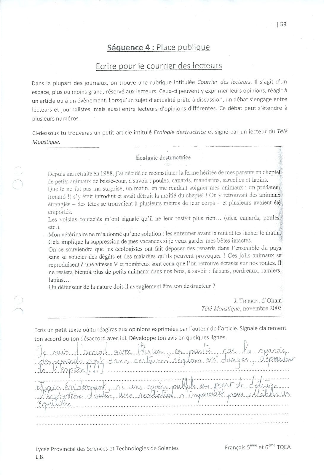 Français - Séquence 4 : Ecrire pour le courrier des lecteurs - 6TQEA ...