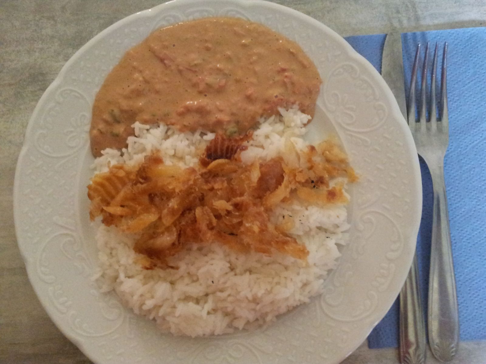 Morue frit - rougail dakatine - riz blanc - cuisinecreole.overblog.com