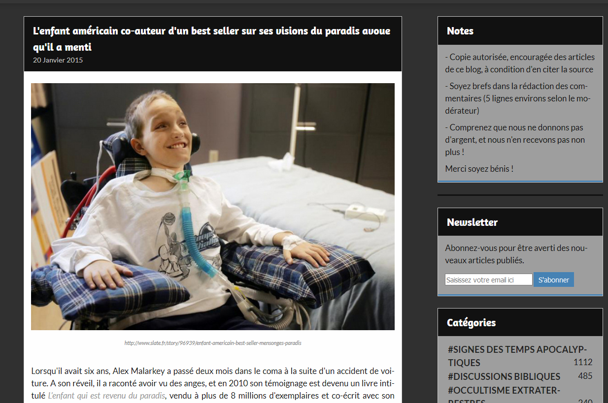 Alex Malarkey, le garçon qui a menti sur son séjour au Paradis, porte ...