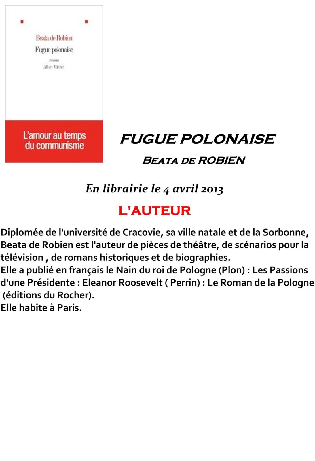 Fugue Polonaise - nouveau roman de Beata de Robien - CLUB FRANCO ...