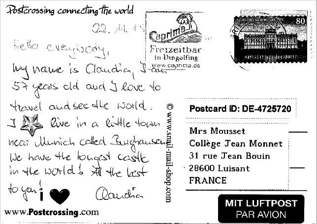 Postcrossing.... - Mrs Mousset