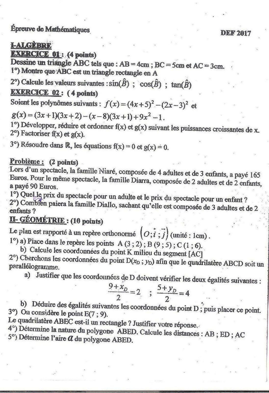 Les sujets d'examen du DEF 2017 (Diplôme d’Études Fondamentales)