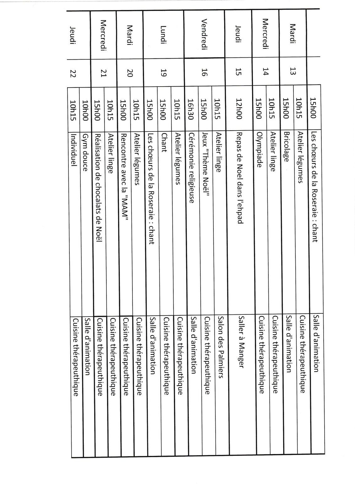 Notre planning mensuel de l'accueil de jour - Résidence "la Roseraie"- gesté