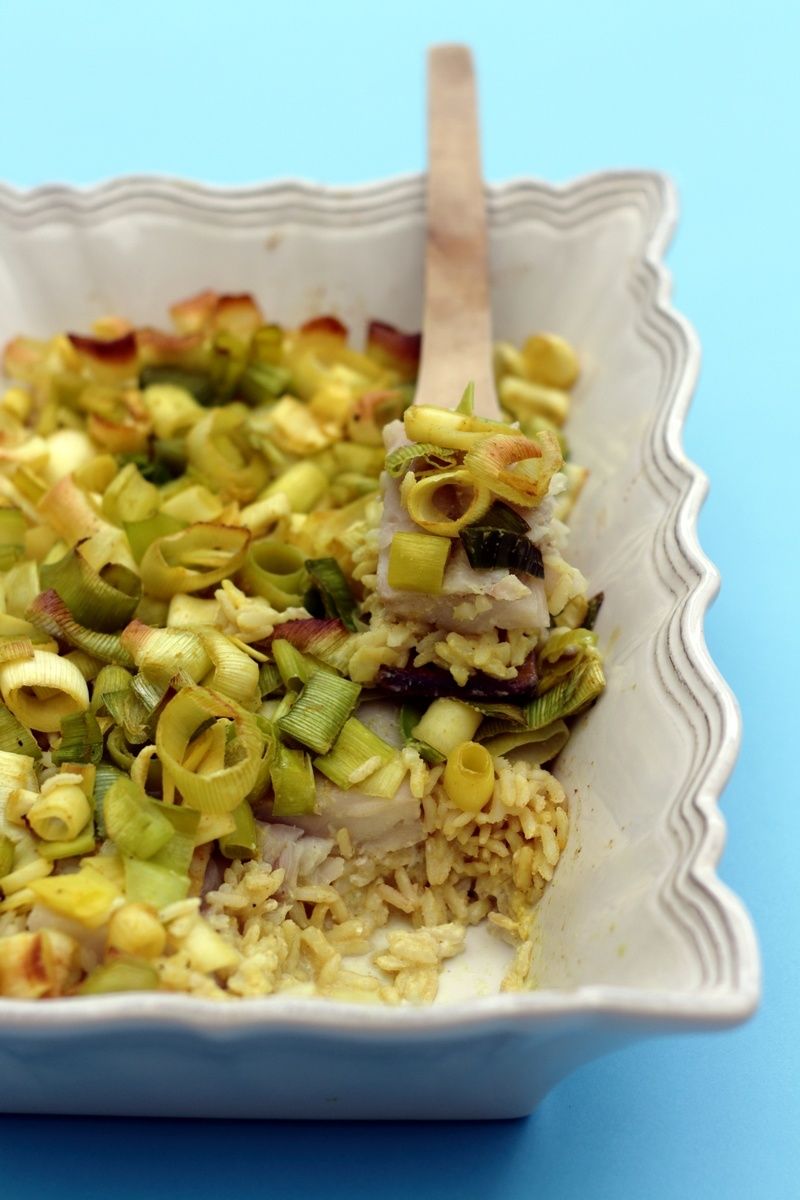 Gratin de riz, poisson et poireaux au curry-coco - Amandine Cooking