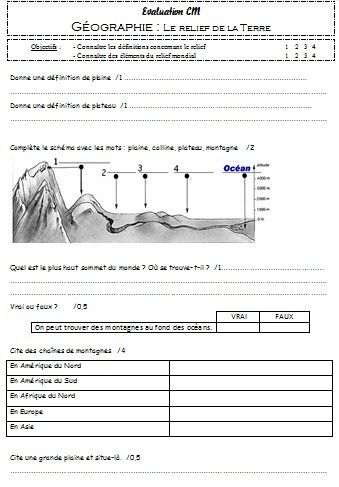 évaluation géographie cm le relief de la Terre - La Classe de Myli Breizh