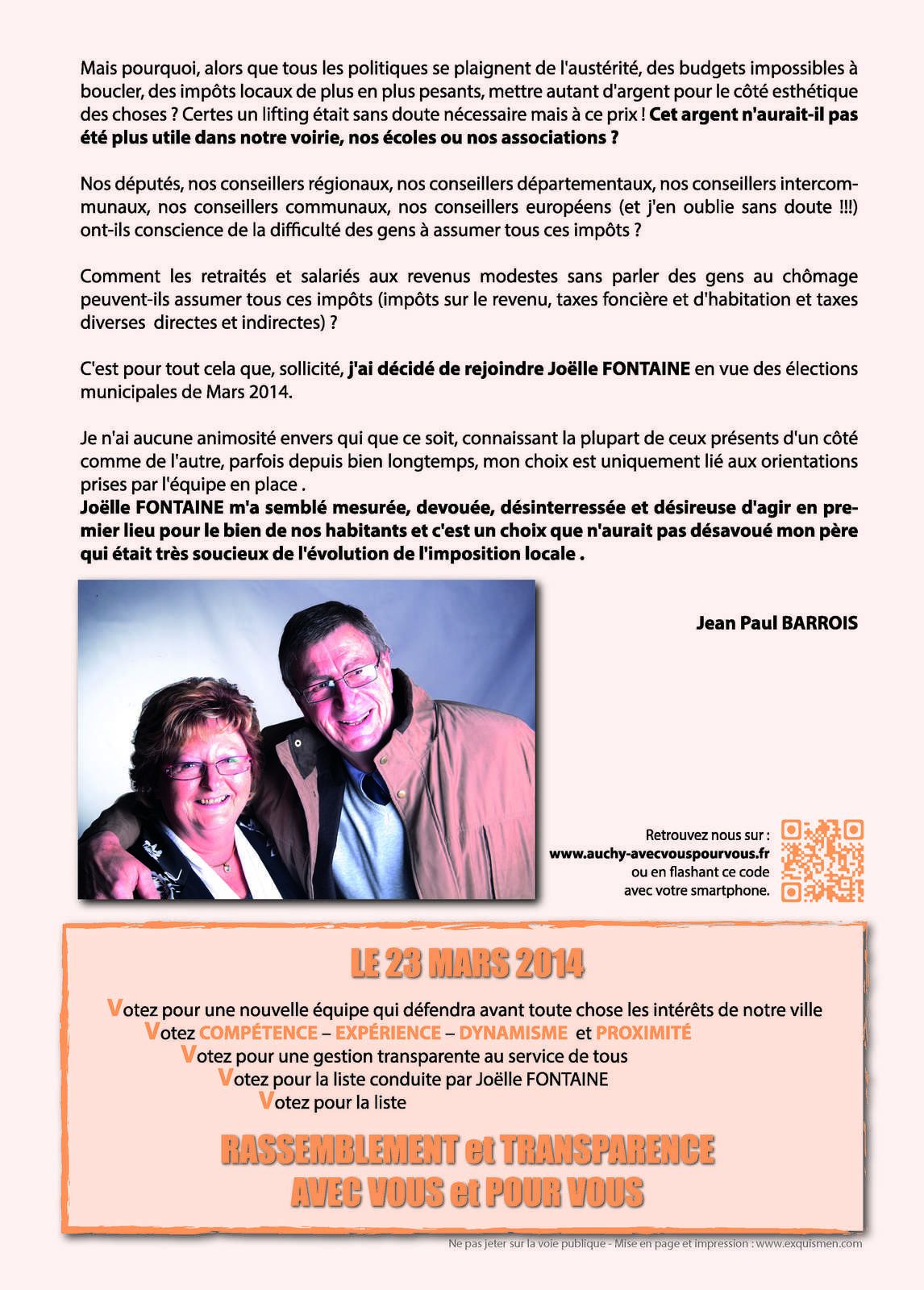 JEAN PAUL BARROIS REJOINT JOELLE FONTAINE - Auchy-avecvouspourvous