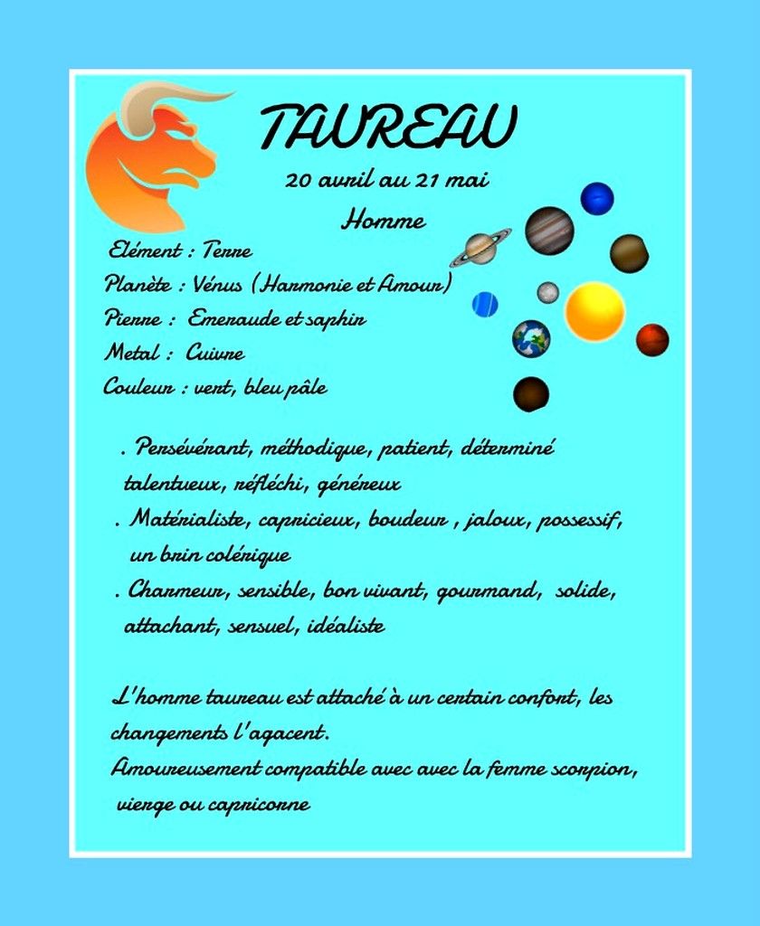 Cartes imprimables signes du zodiaque - homme - Taureau - Balades comtoises