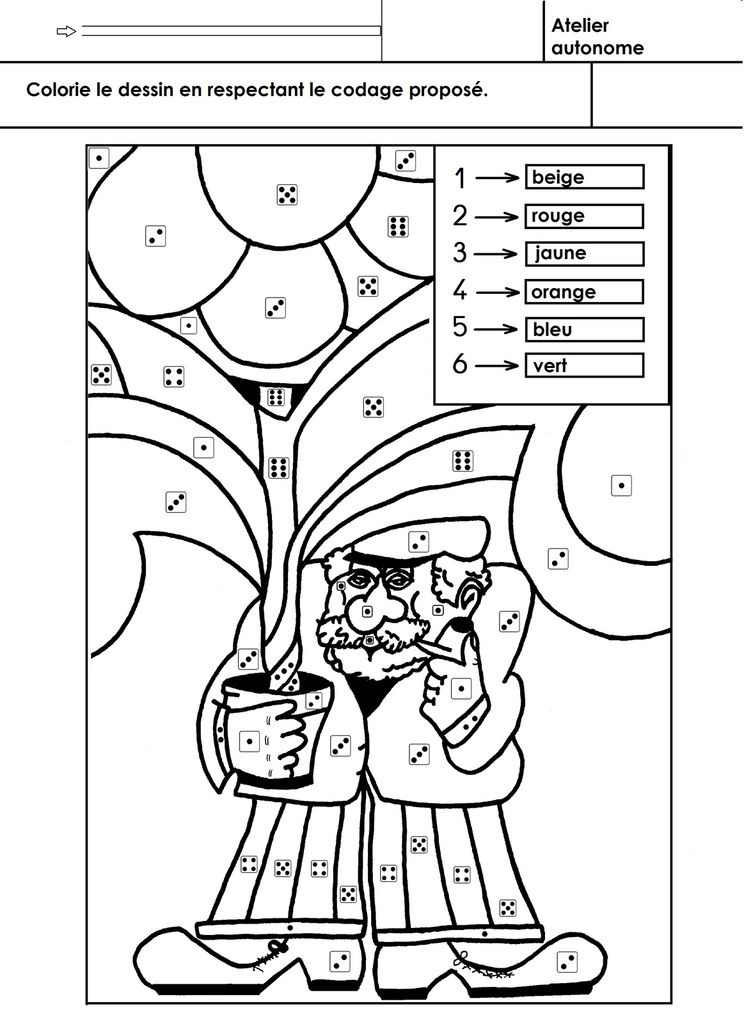 Atelier autonome coloriage selon un codage - école maternelle Gellow