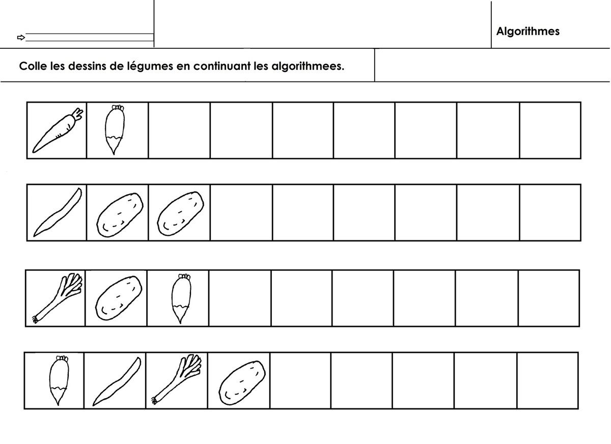 légumes, algorithmes complexes - école maternelle Gellow