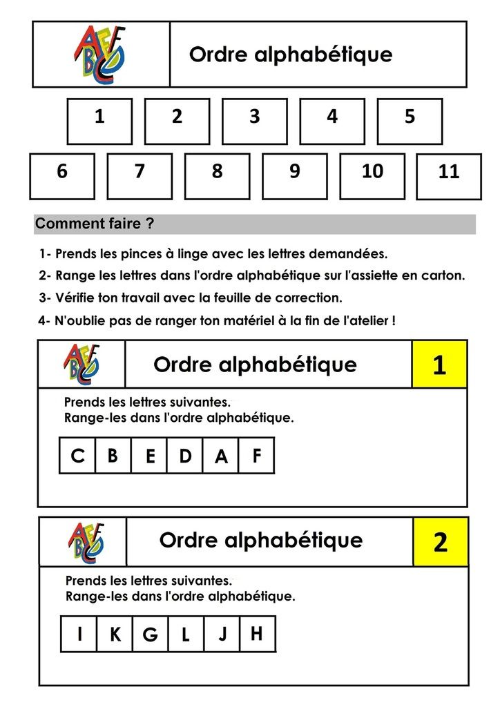 Ordre alphabétique, ateliers CP - école maternelle Gellow