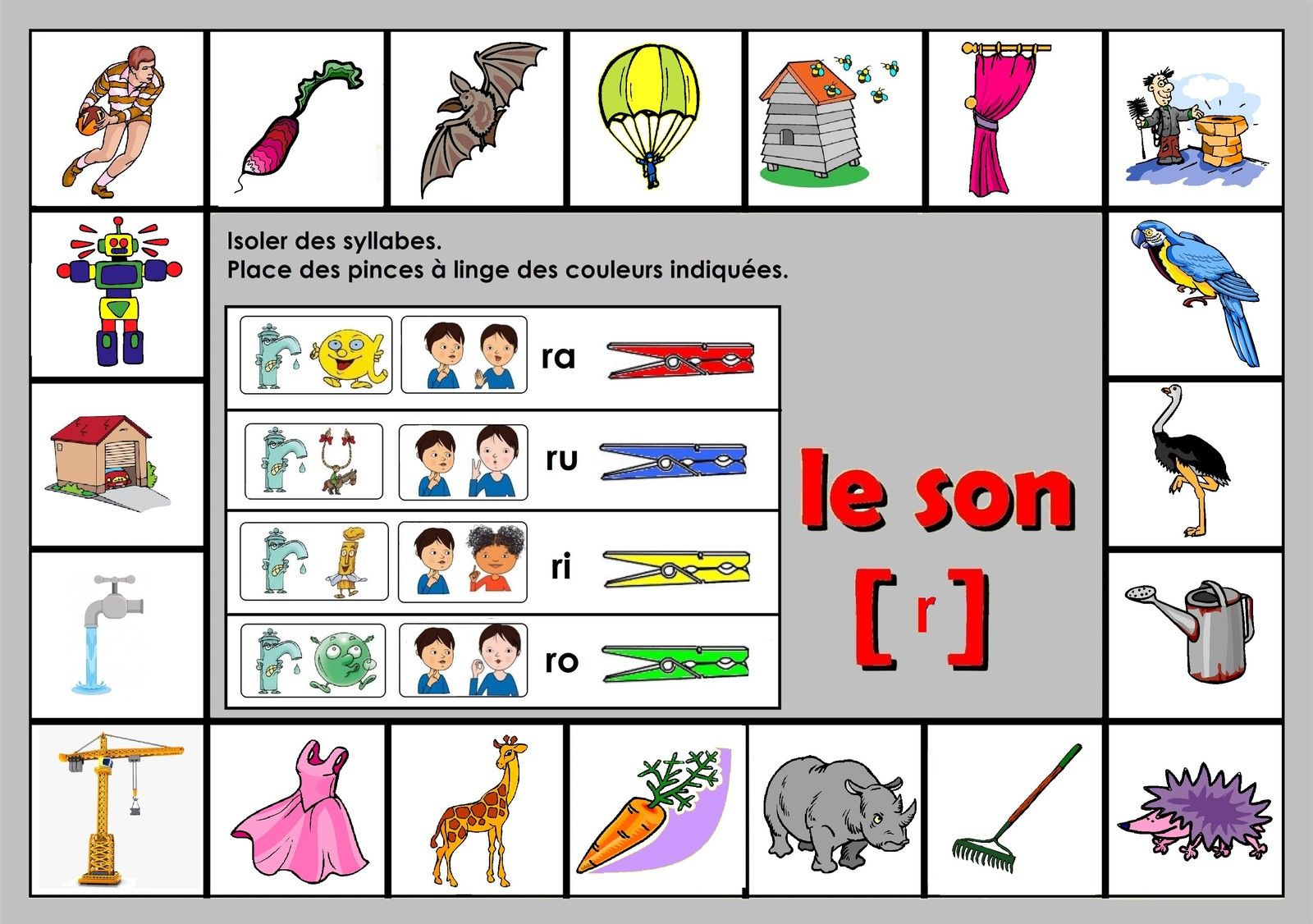 Phonologie, atelier pinces à linge avec les syllabes ra, ri, ro, ru ...