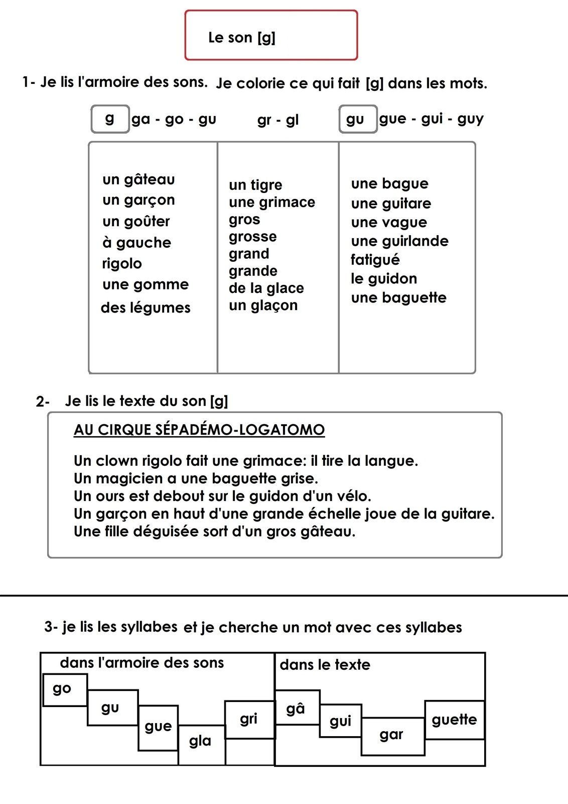 révisions de sons CP [g] : g, gu - école maternelle Gellow