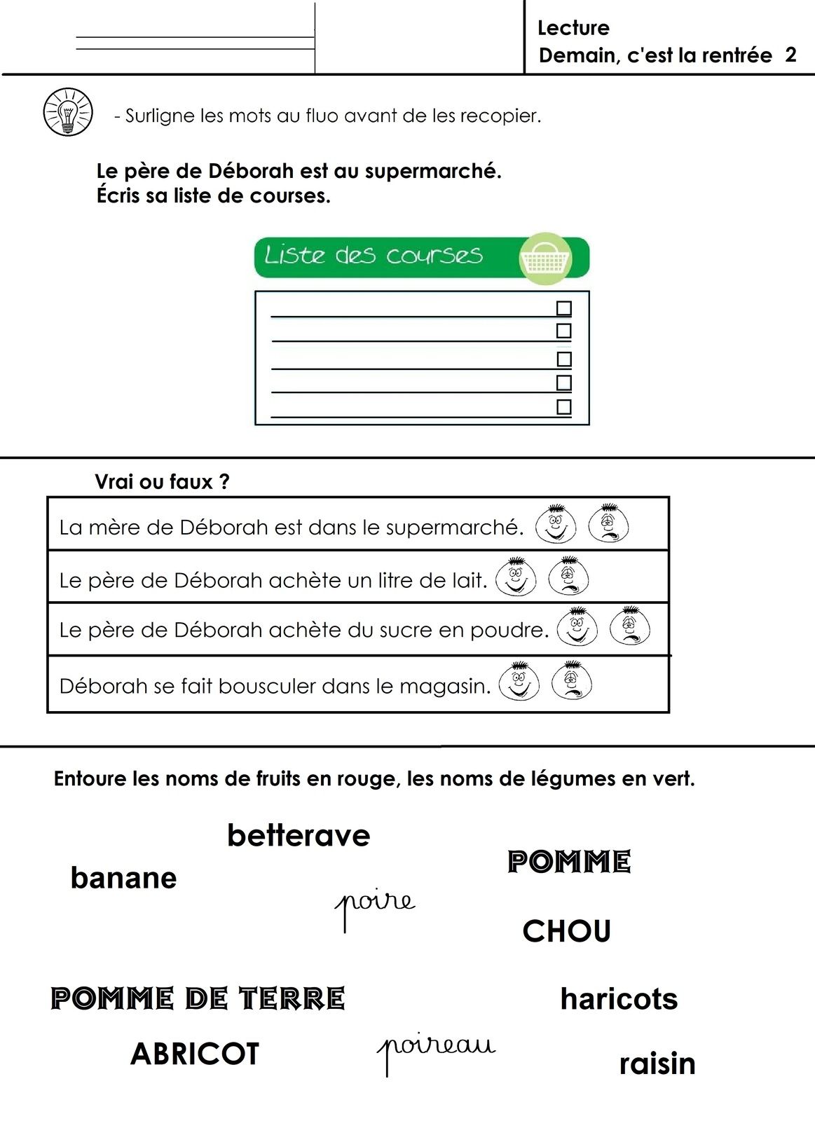 Texte de rentrée CE1 et fiches de lecture - école maternelle Gellow