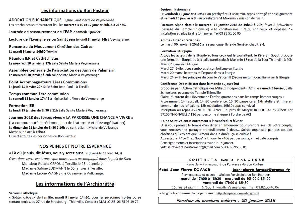 Bulletin paroissial du 6 au 21 janvier 2018 - Communauté; catholique du Bon Pasteur de Thionville