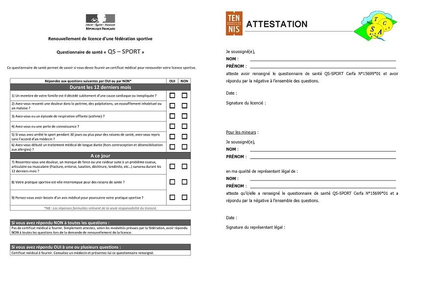 Questionnaire de Santé - QS SPORT - Blog du Tennis Club de Sayat Argnat ...