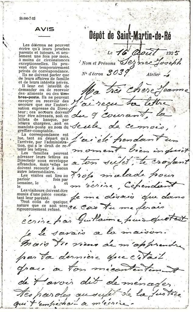Affaire Seznec La Lettre De Guillaume Seznec à Marie Jeanne Le 16