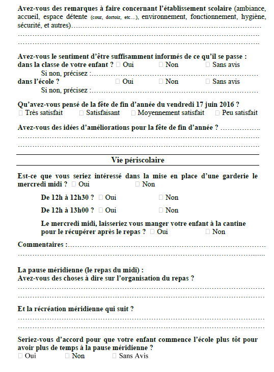 QUESTIONNAIRE 3ème CONSEIL D'ÉCOLE - École Maternelle de la Vallée du Rû