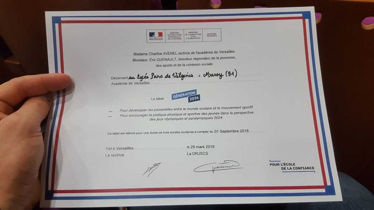 Label Génération 2024 - Association Sportive Lycée Vilgénis