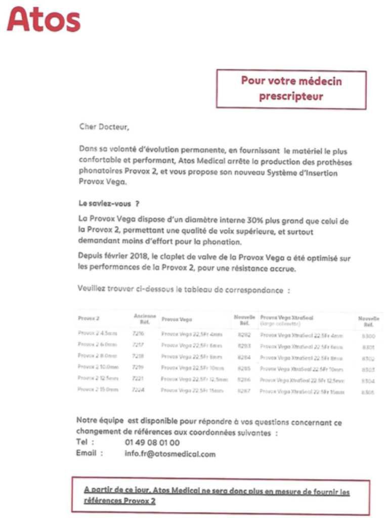 Fin de la commercialisation de la prothèse phonatoire PROVOX 2 d'ATOS ...