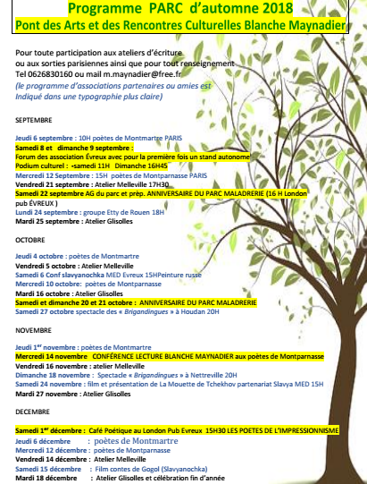 PROGRAMME AUTOMNE 2018 - Association LE PARC / PONT DES ARTS ET ...