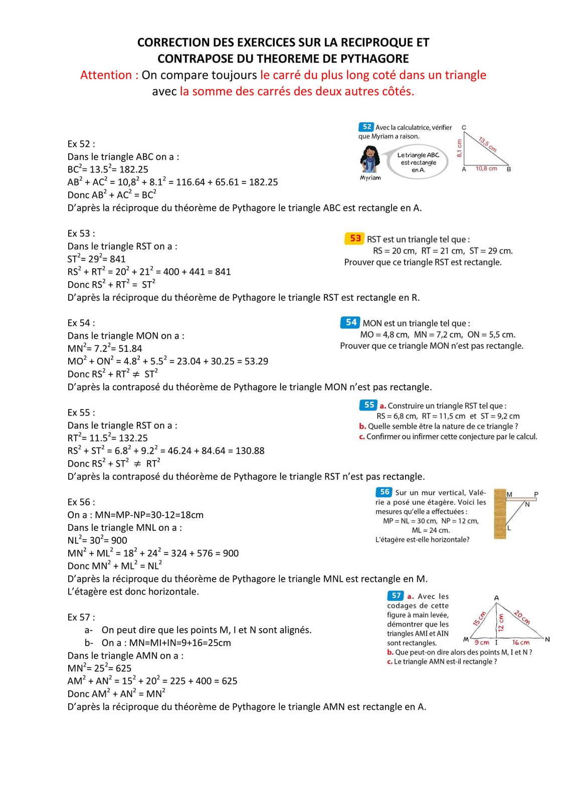 CORRECTION DES EXERCICES SUR LA RECIPROQUE ET CONTRAPOSE DU THEOREME DE ...